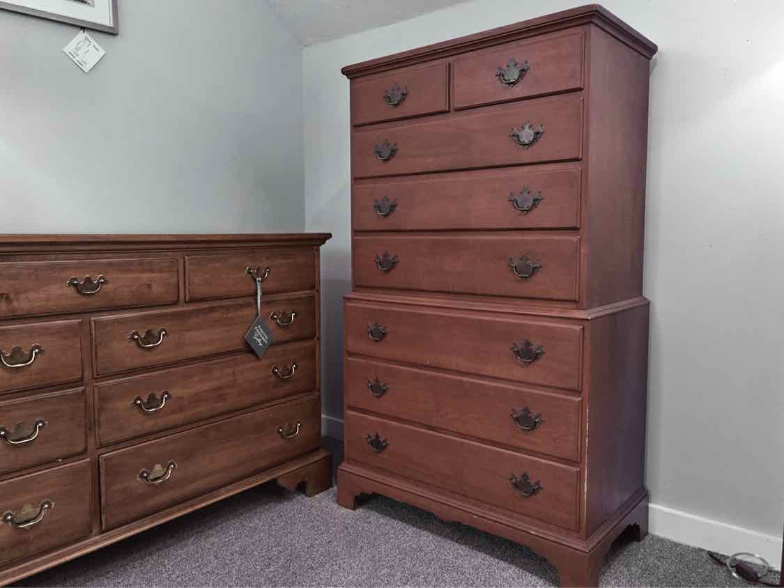 Tall Chest-on-Chest in Heirloom Cherry Finish with Brass Pulls – Furniture Consignment Gallery