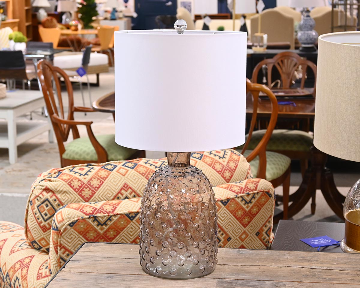 "Smoke Glass" Blistered Glass Table Lamp W/White Linen Shade – Furniture Consignment Gallery