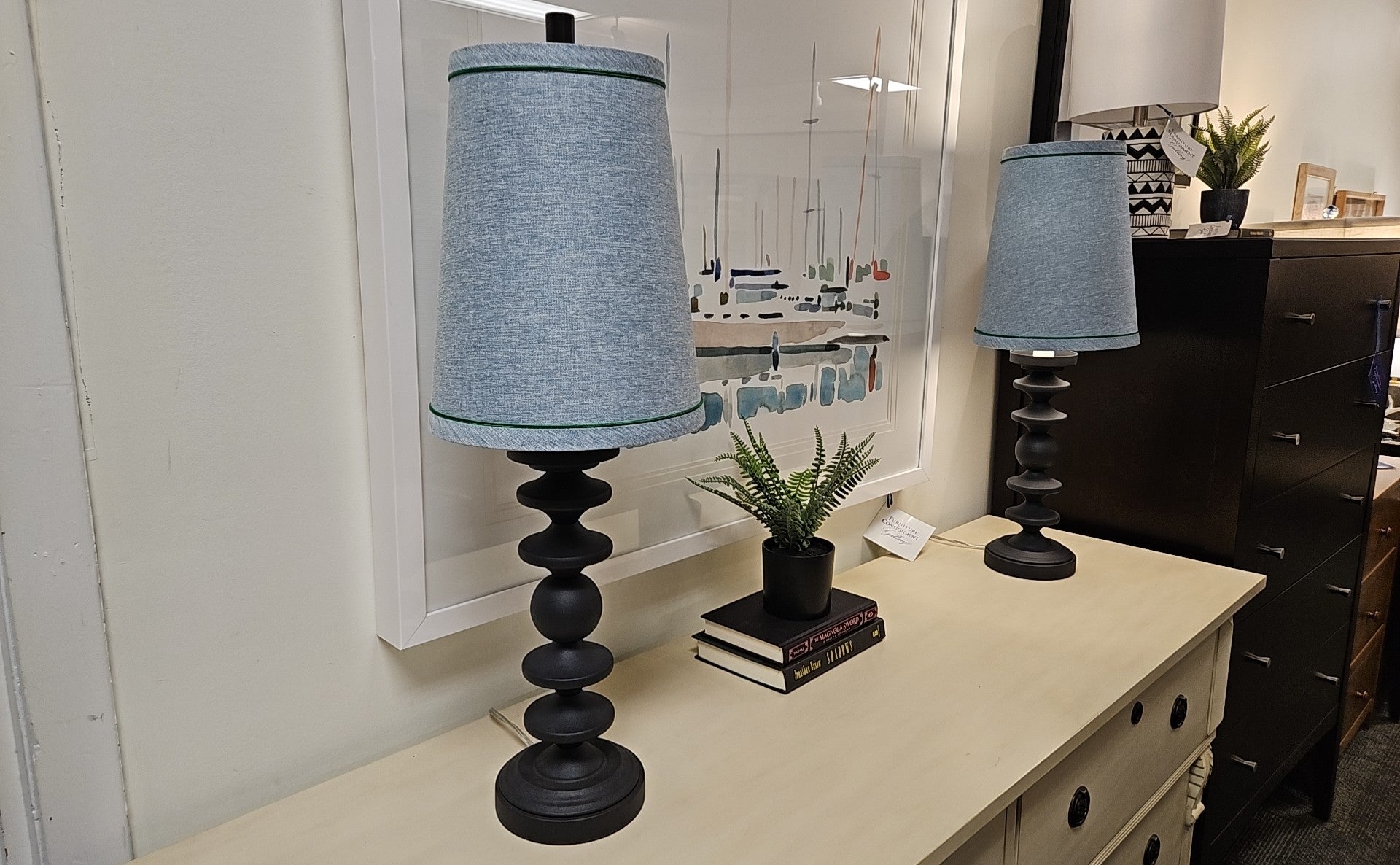 Black Base Table Lamp with Light Blue Shade – Furniture Consignment Gallery